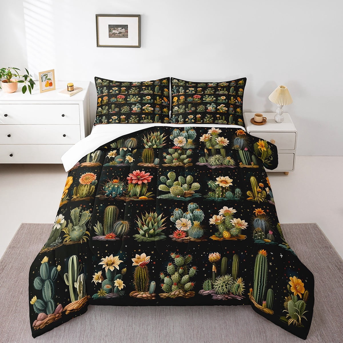 Boho Floral Cactus Full Bedding Set,Green Plant Botanical Flower ...