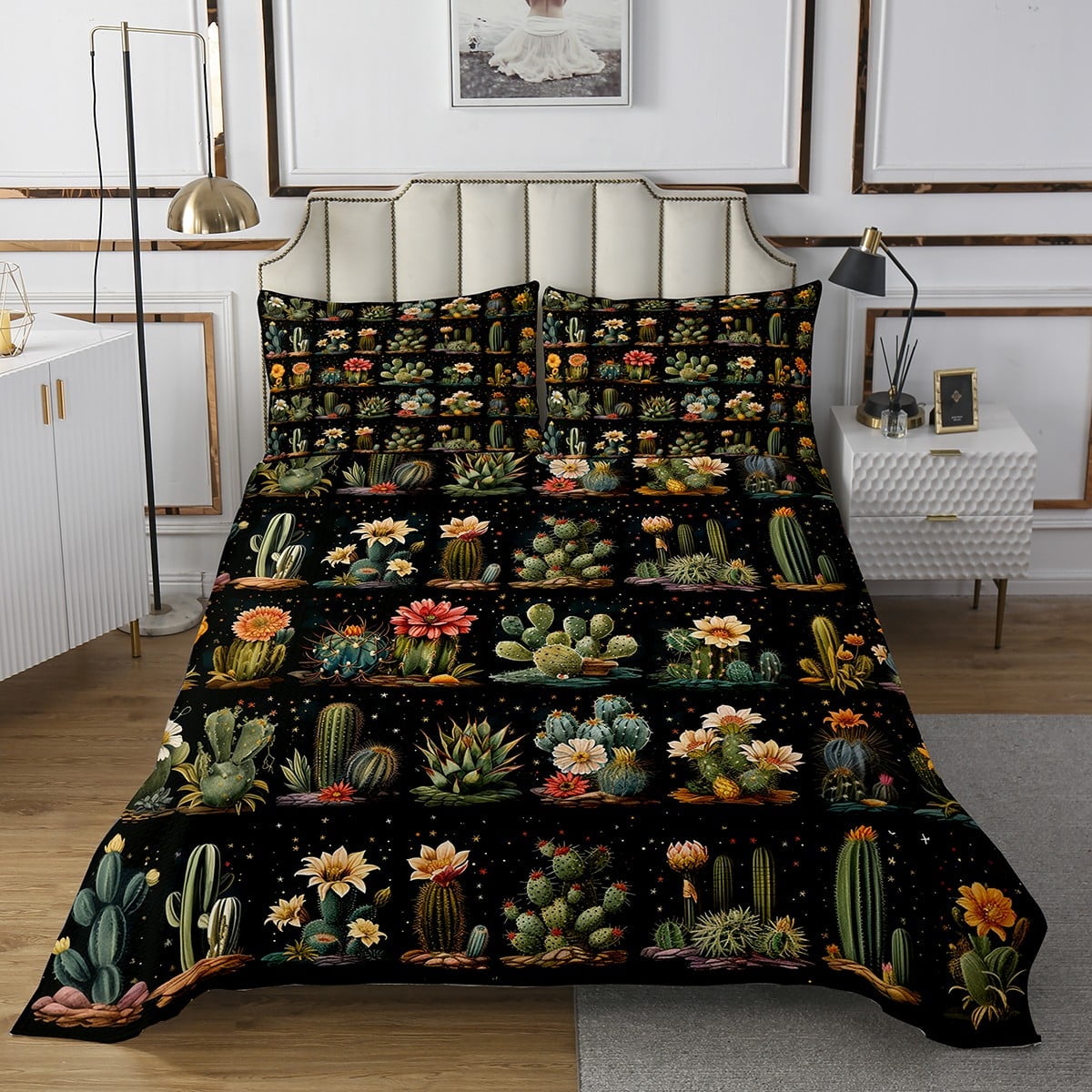 Boho Floral Cactus King Quilt Set,Green Plant Botanical Flower ...