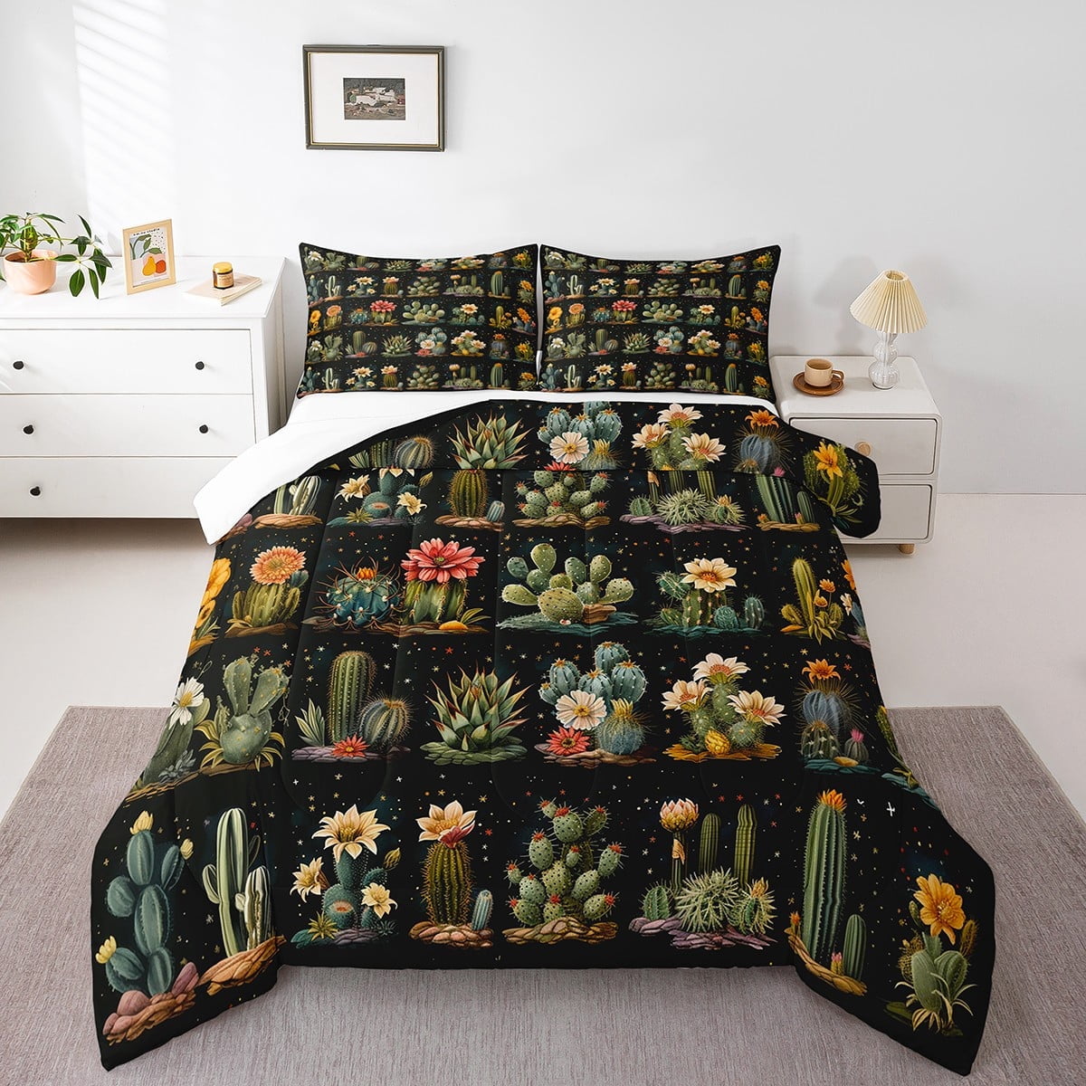 Boho Floral Cactus Queen Bedding Set,Green Plant Botanical Flower ...