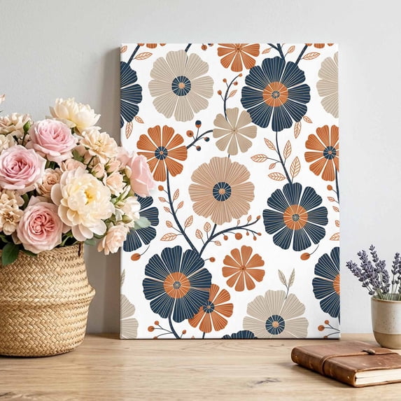 Boho Floral Canvas Wall Art for Living Room, Retro Navy Blue Khaki ...