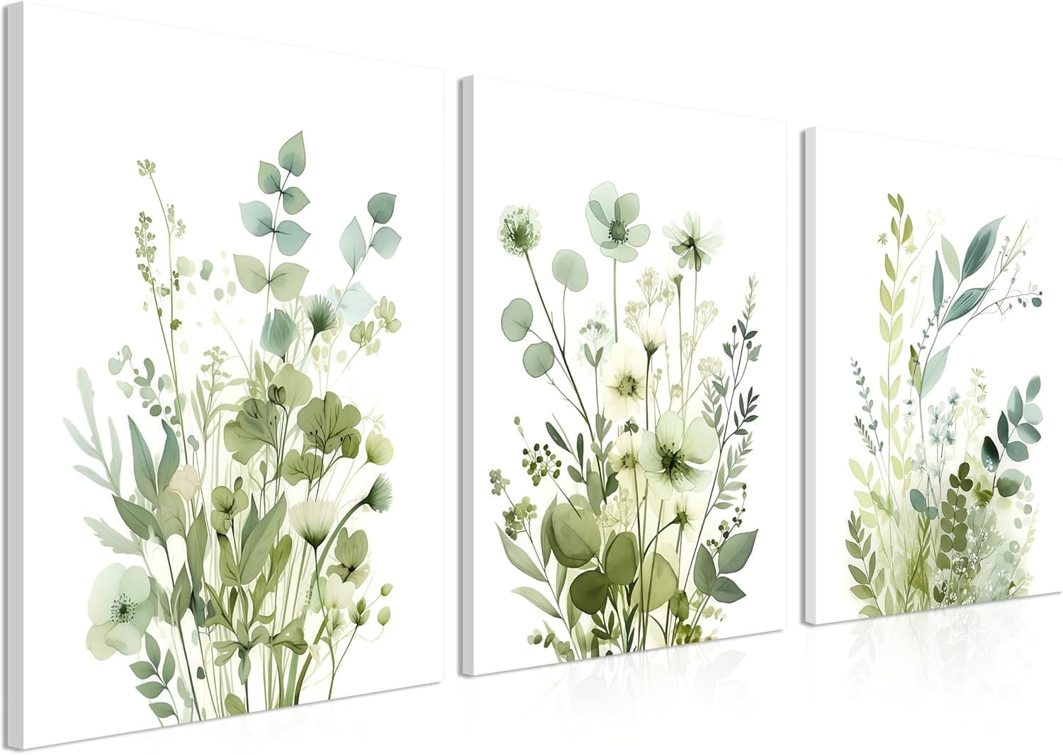 Boho Floral Canvas Wall Art Set of 3, Sage Green Wildflower Botanical ...