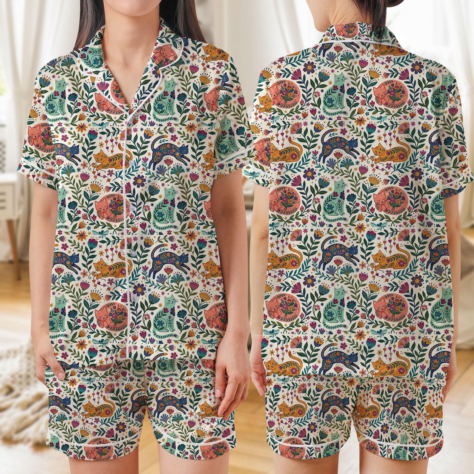 Boho Floral Cat All-Over Print Satin Short Sleeve Pajamas Set, Cat ...