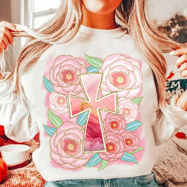 Boho Floral Christian Cross Sweatshirt, Pink Spring Faith Shirt with ...