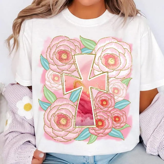Boho Floral Christian Cross T-Shirt, Spring Blooms & Bible Verse Prayer Graphic, Elegant ...