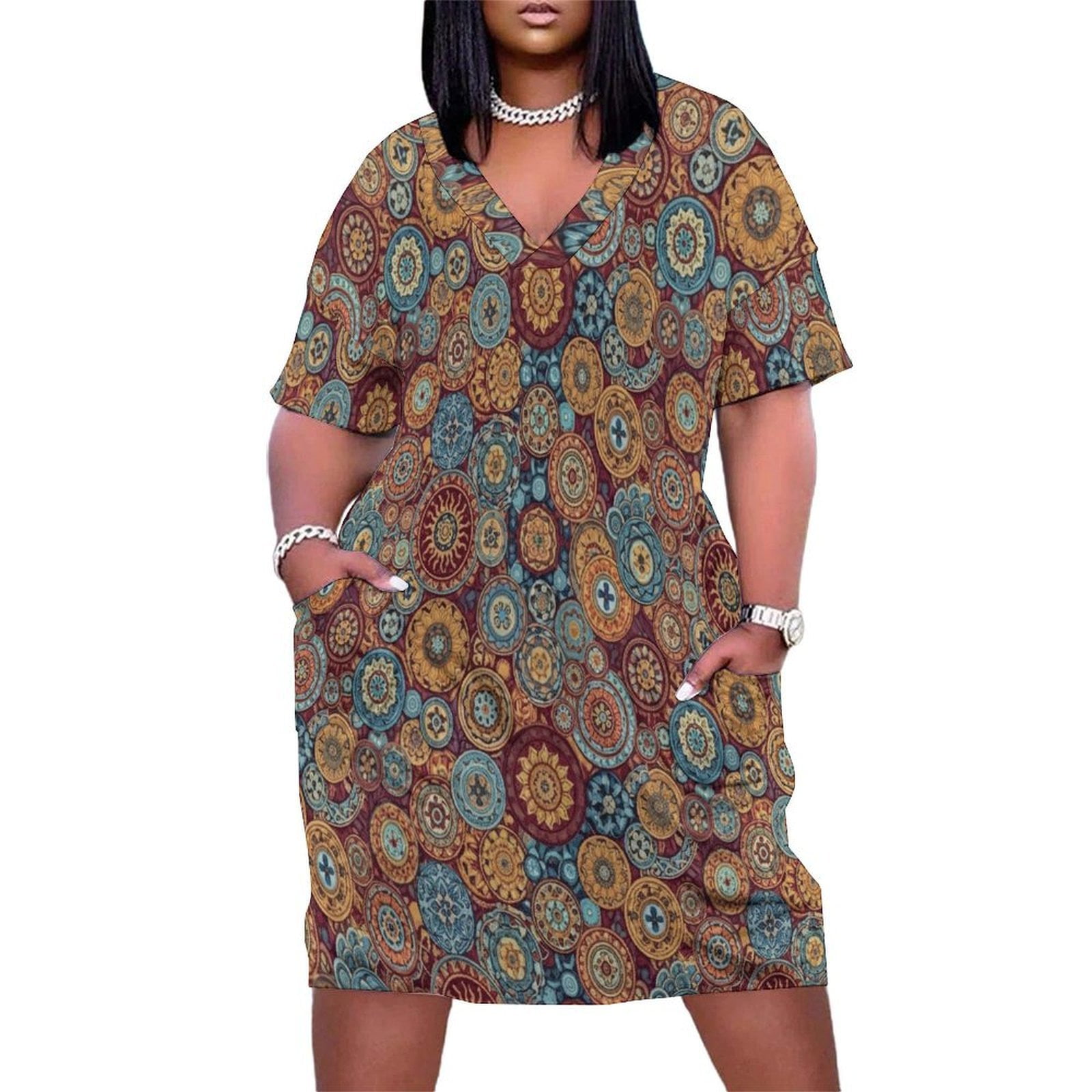 Boho Floral Circle Print Loose Pocket Dress Dresses Summer Summer ...