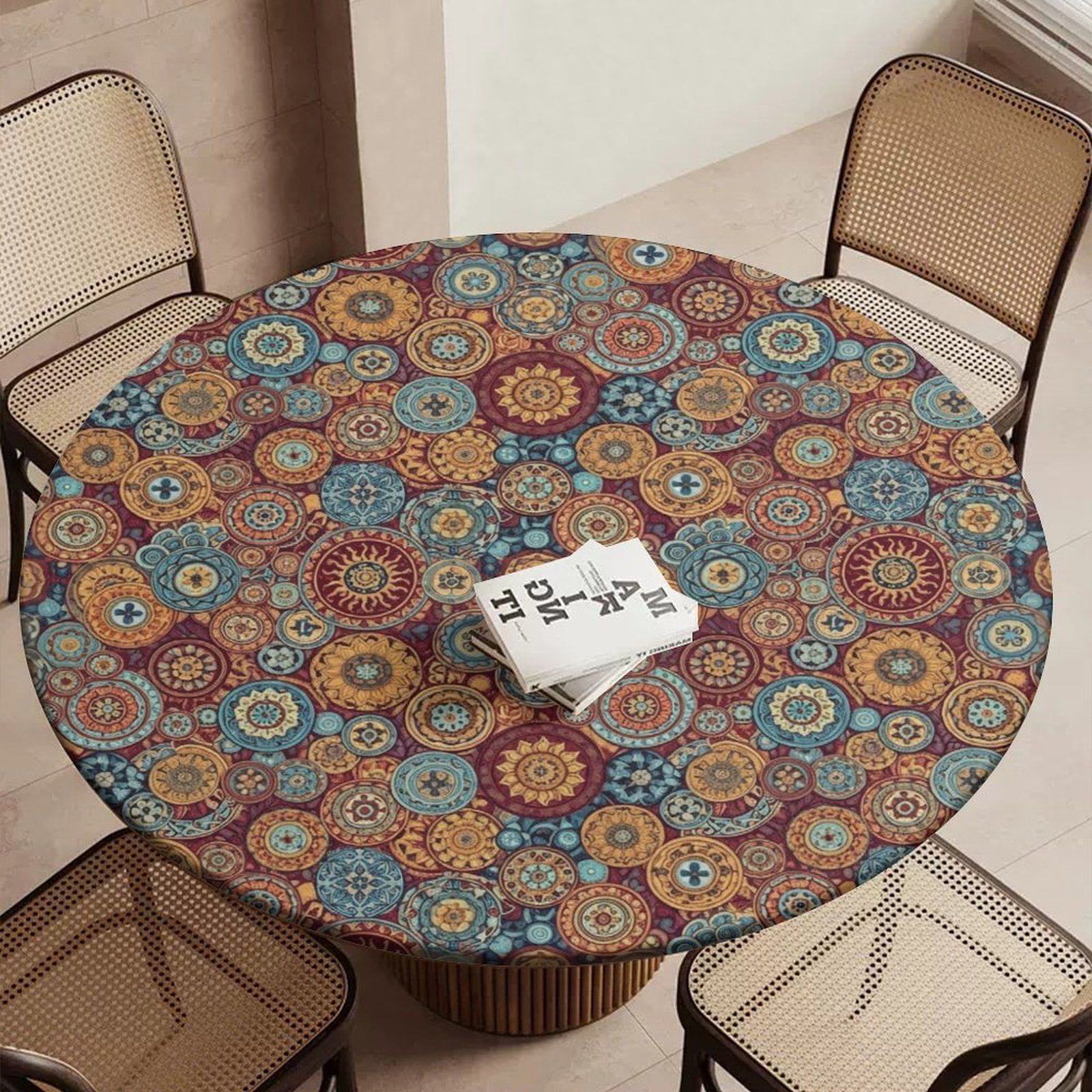 Boho Floral Circle Print Round Table Cover Kitchen Printed Waterproof ...