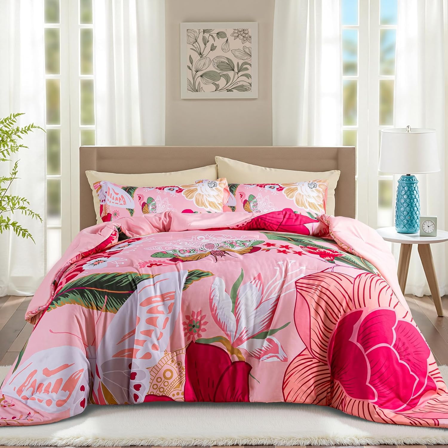 Boho Floral Comforter Set - 3 count Farmhouse Botanical Bedding ...