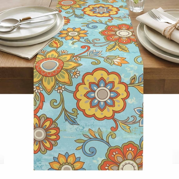 Boho Floral Cotton Linen Table Runner Yellow Orange Flower Leaf ...