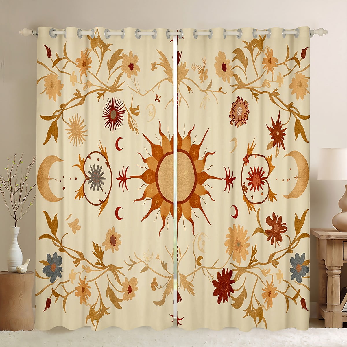 Boho Floral Curtains Drapes,Vintage Sun and Moon Curtains Adults ...