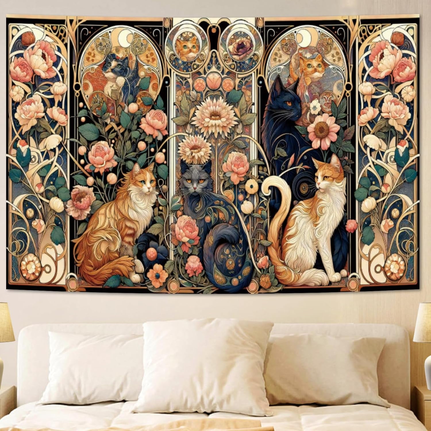 Boho Floral Cute Wall Tapestry for Bedroom, Vintage Flower Cat Wall ...