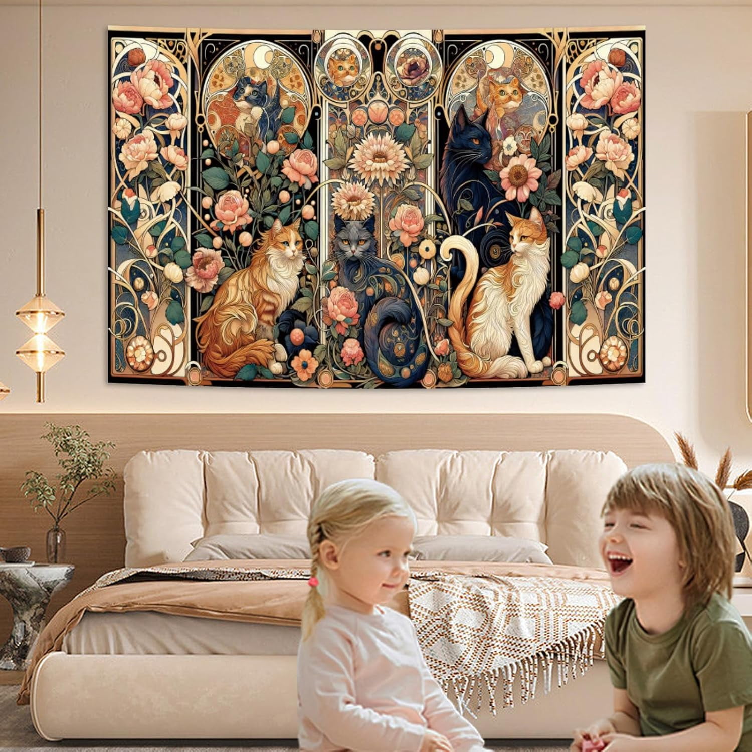 Boho Floral Cute Wall Tapestry for Bedroom, Vintage Flower Cat Wall ...