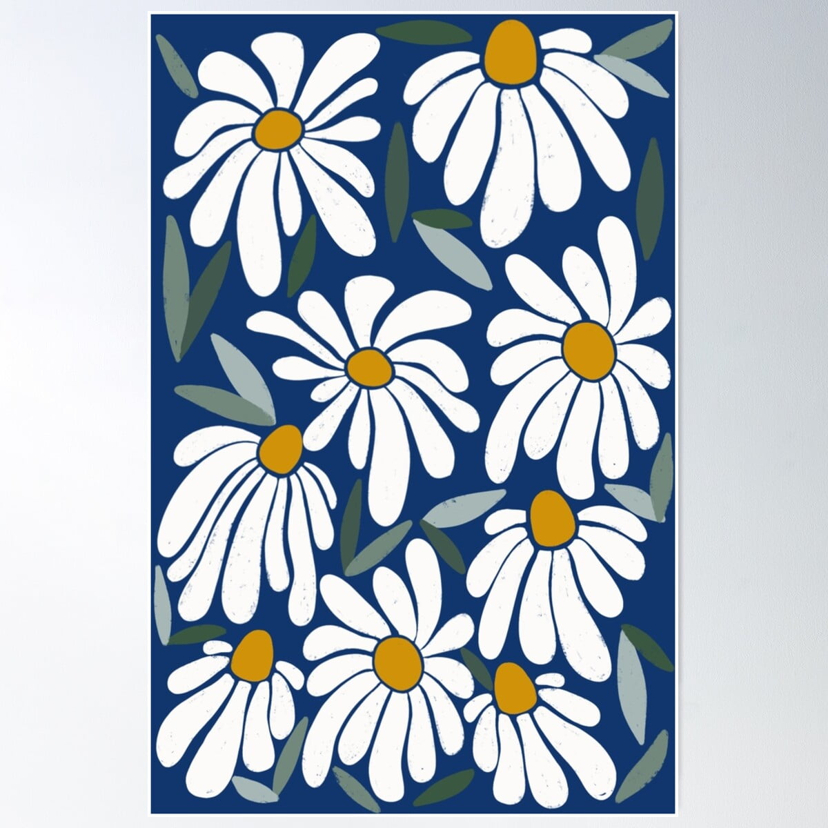Boho Floral Daisy Design On Navy Blue Poster Wall Art, Modern Wall ...