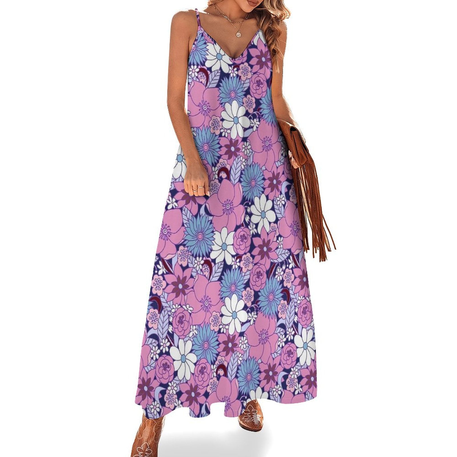 Boho Floral Dress Bohemian Style Hippie Beach Maxi Dress V Neck Casual ...