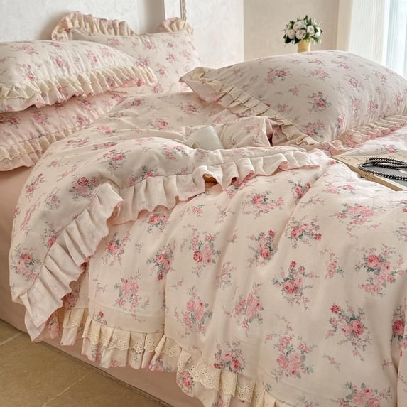 Boho Floral Duvet Cover Set Queen Size 3 Pcs,Pink Flower 100% Cotton ...