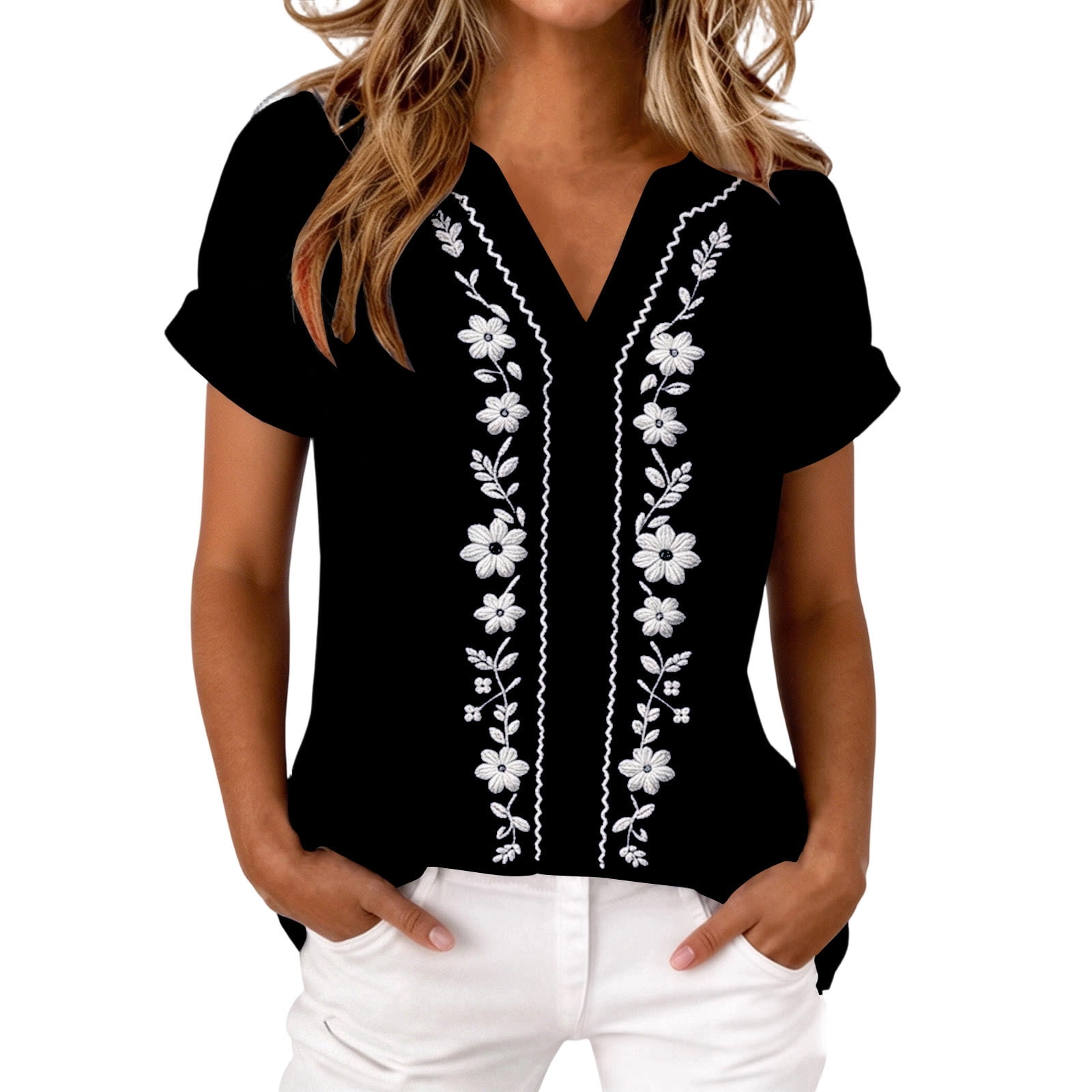 Boho Floral Embroidery Blouse for Women Textured Roll Cuff Short Sleeve ...