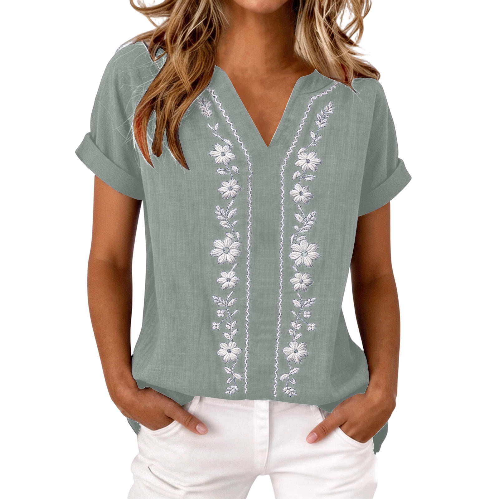 Boho Floral Embroidery Blouse for Women Textured Roll Cuff Short Sleeve ...