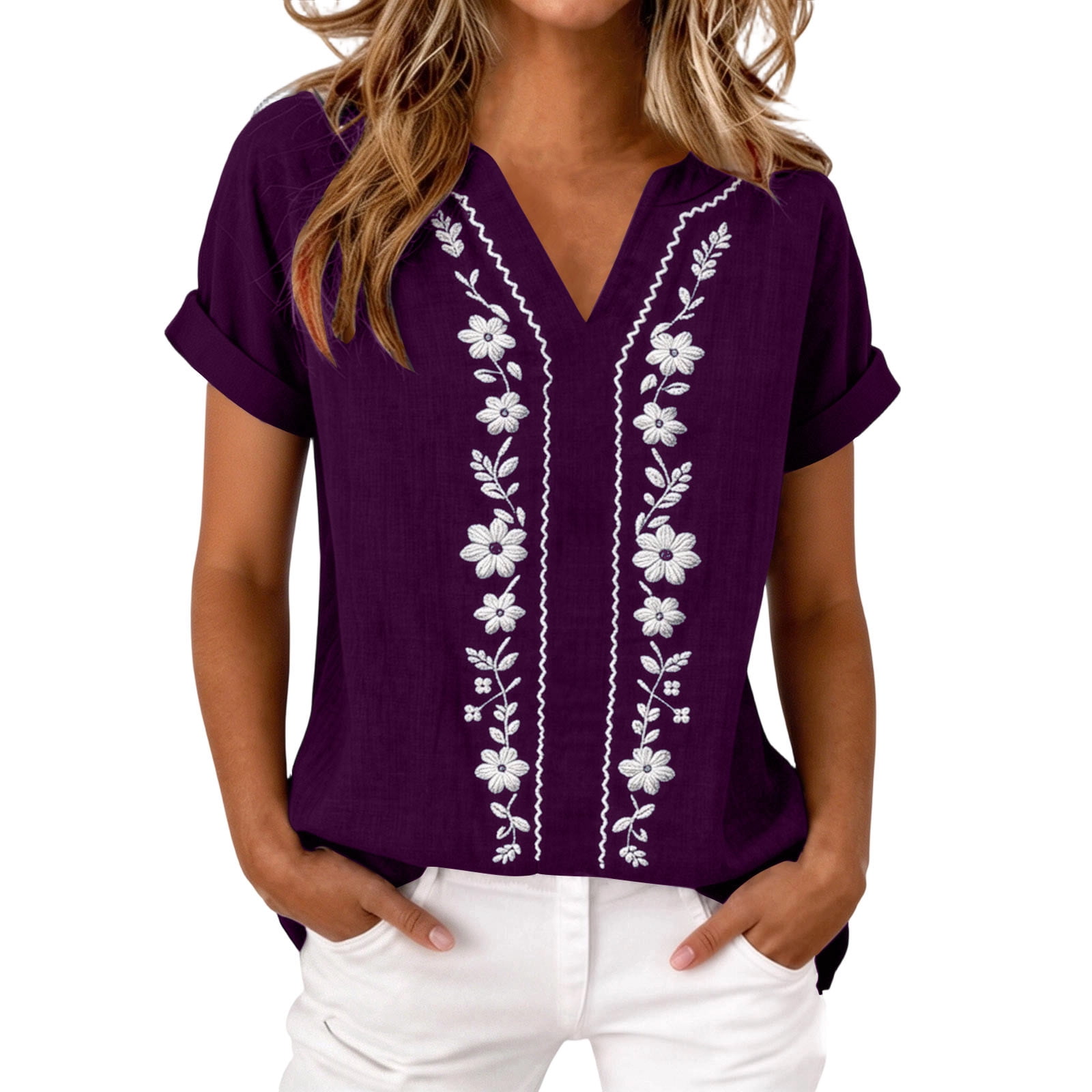 Boho Floral Embroidery Blouse for Women Textured Roll Cuff Short Sleeve ...