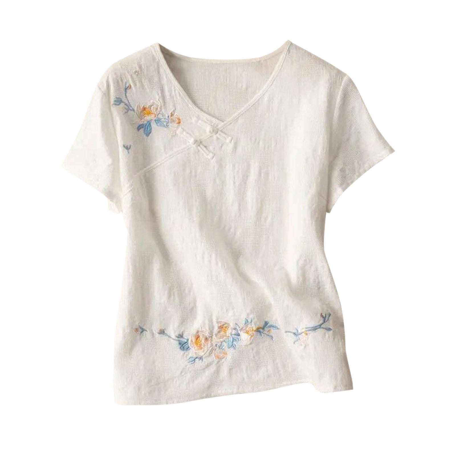Boho Floral Embroidery Tops for Women Short Sleeve Cotton Linen Shirts ...