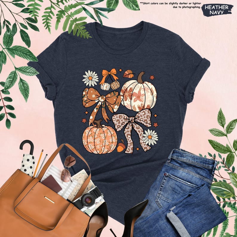 Boho Floral Fall Pumpkin Shirt, Coquette Bow Women Autumn Shirt, Trendy ...