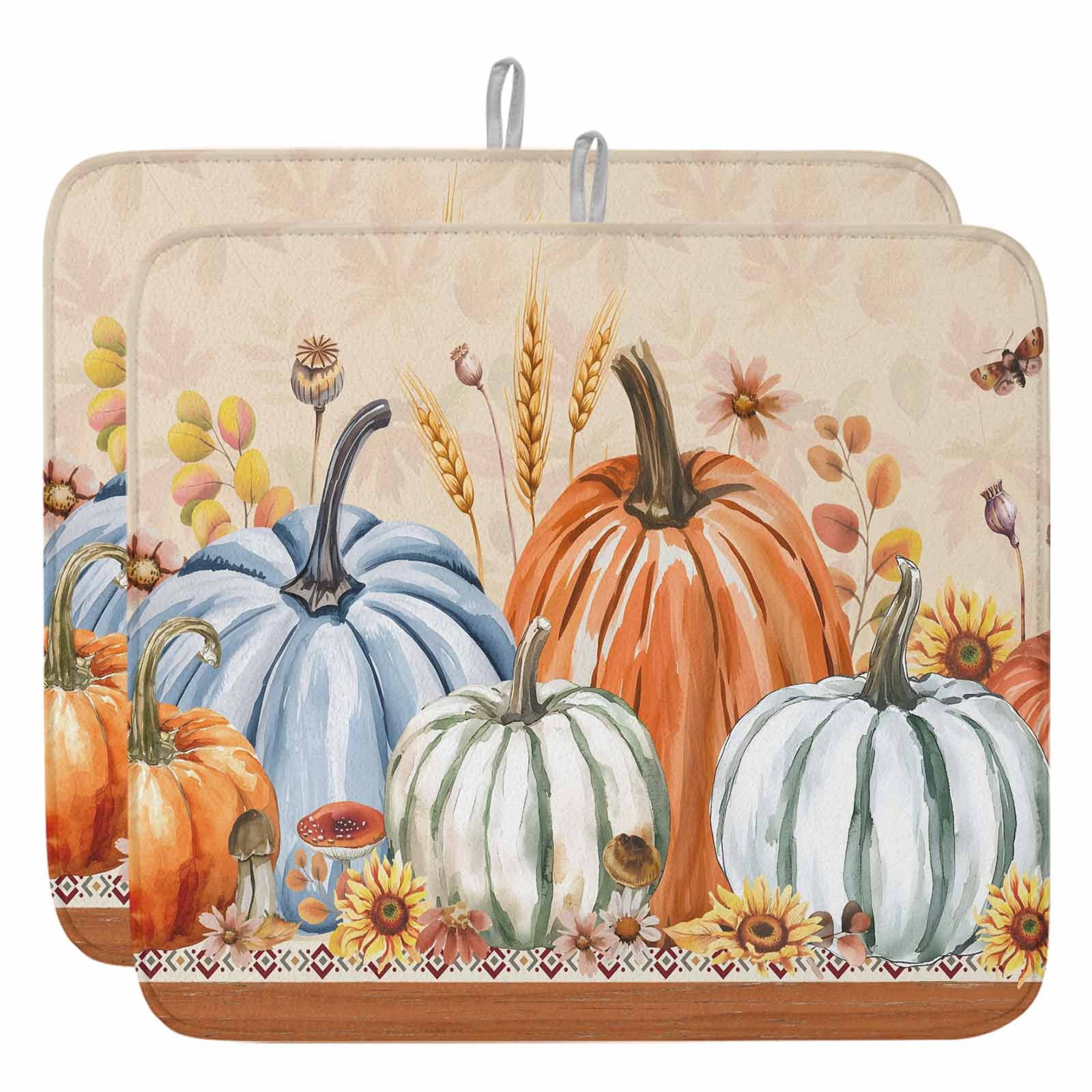 Boho Floral Fall Thanksgiving Dish Drying Mat, Orange Green Blue ...