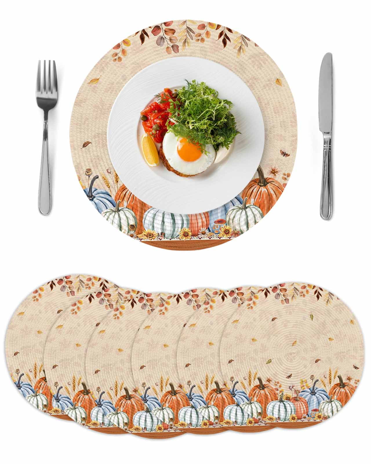 Boho Floral Fall Thanksgiving Round Table Placemats set of 6, Orange ...