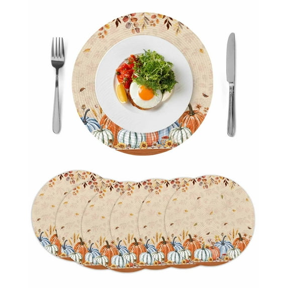 Boho Floral Fall Thanksgiving Round Table Placemats set of 6, Orange ...