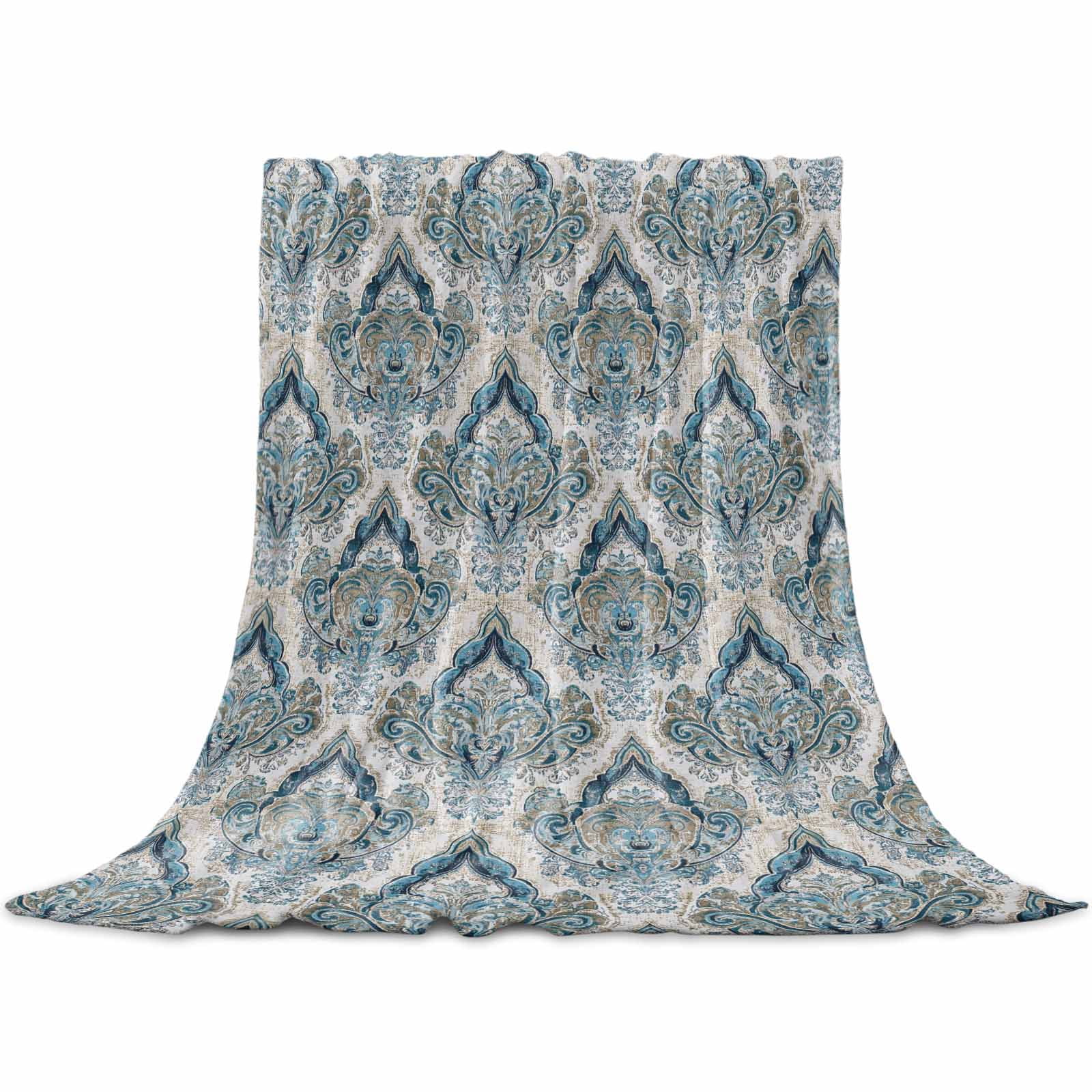 Boho Floral Flannel Blanket for Bed, Retro Teal Blue Flower Vintage ...