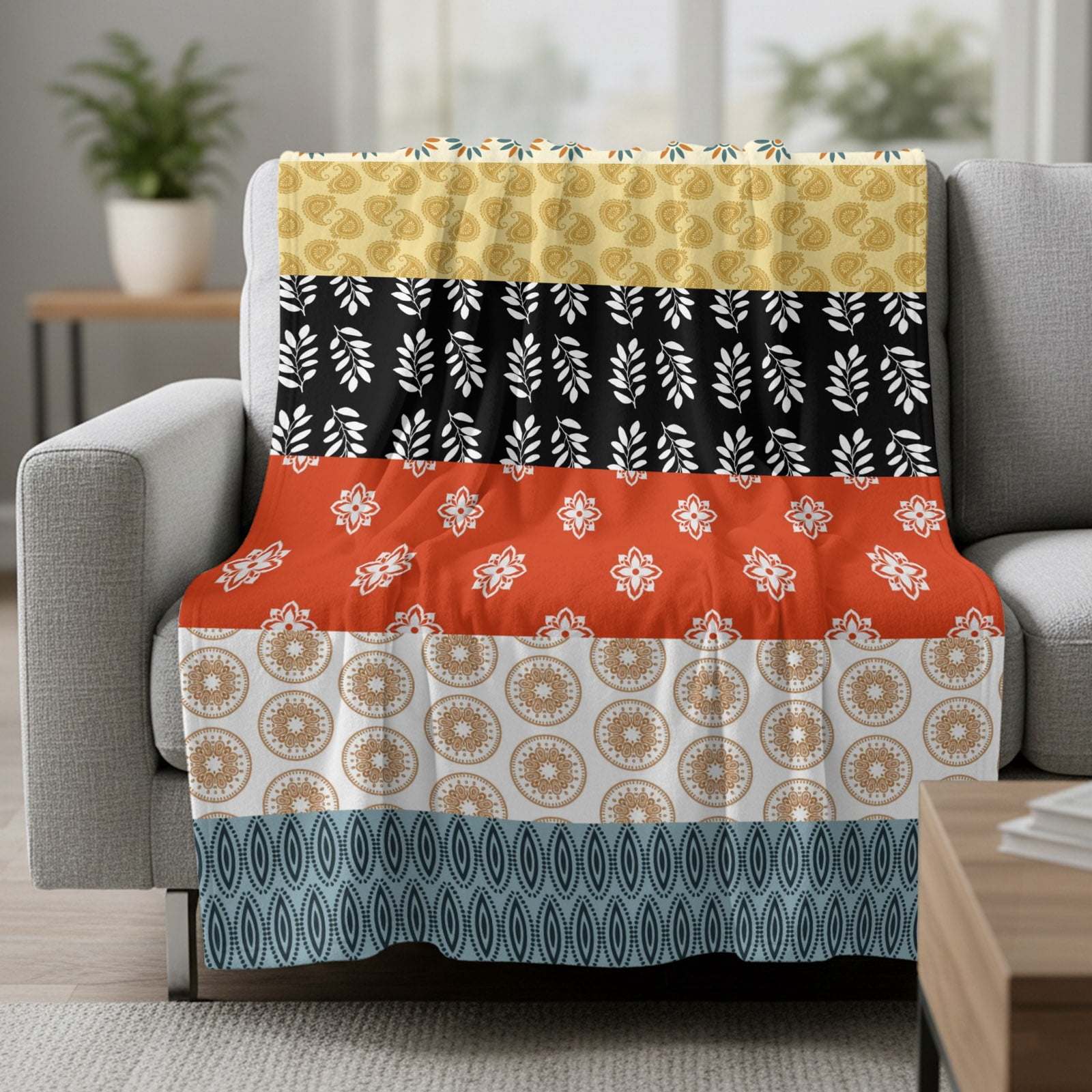 Boho Floral Fleece Throw Blanket Paisley Yellow Black Red Blue Strips ...