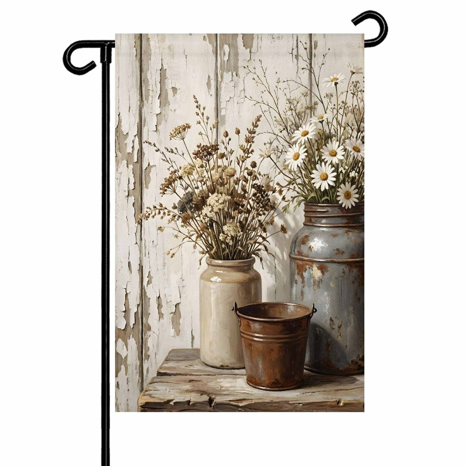 Boho Floral Garden Flag 28x40 Inch Vintage Dried Flowers Milk Jugs Wood ...
