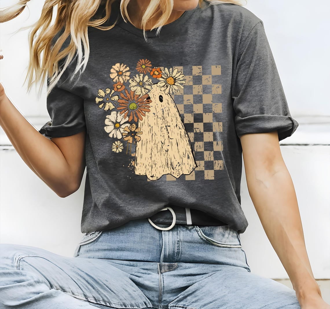 Boho Floral Ghost Shirt, Fall Aesthetic Tee, Girly Ghost Shirt, Spooky ...