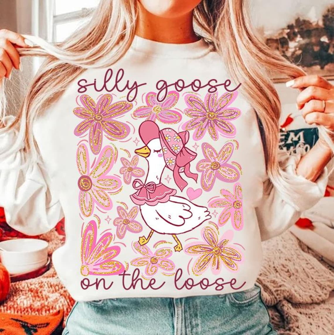Boho Floral Goose, Pink Mama Goose, Spring Floral, Goose on the loose ...