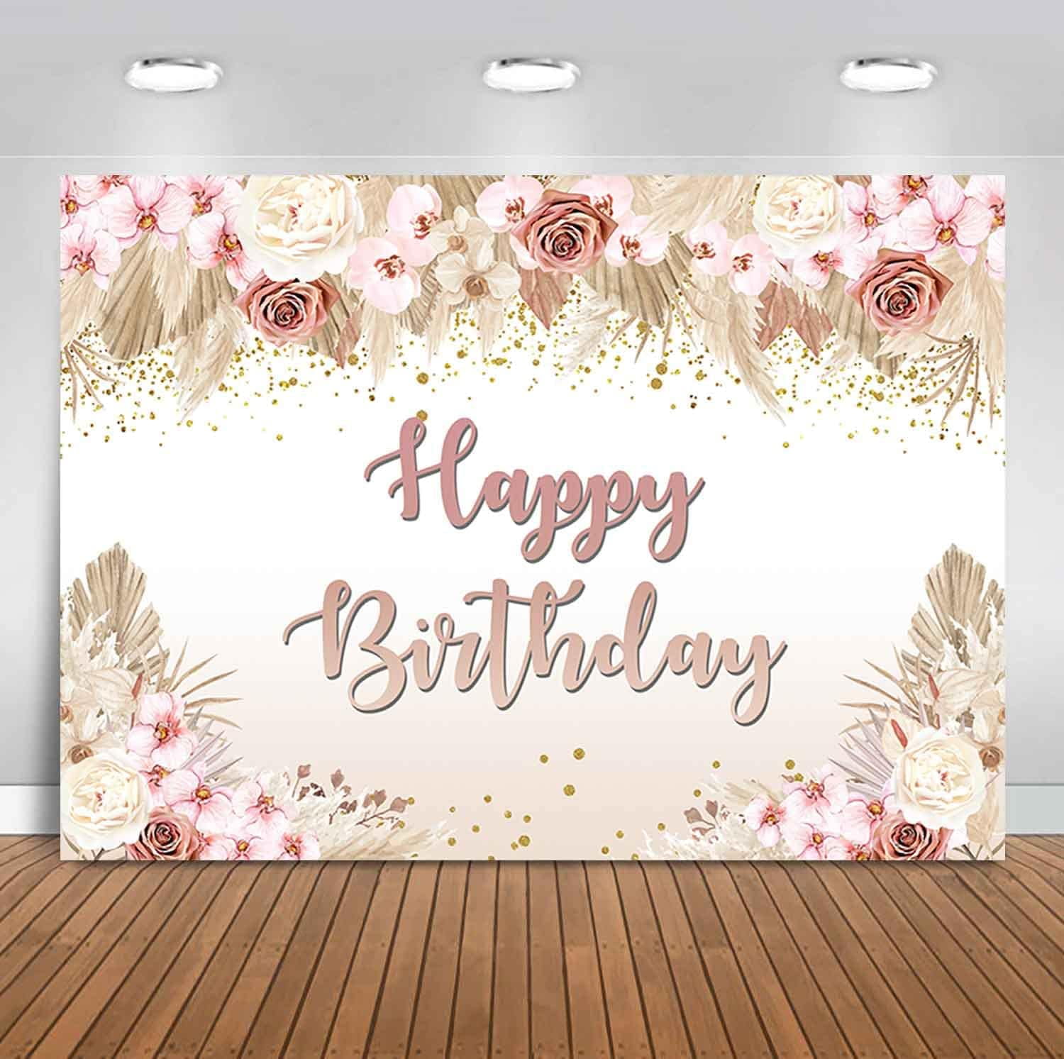 Boho Floral Happy Birthday Backdrop Pink Bohemian Flowers Pampas Grass ...