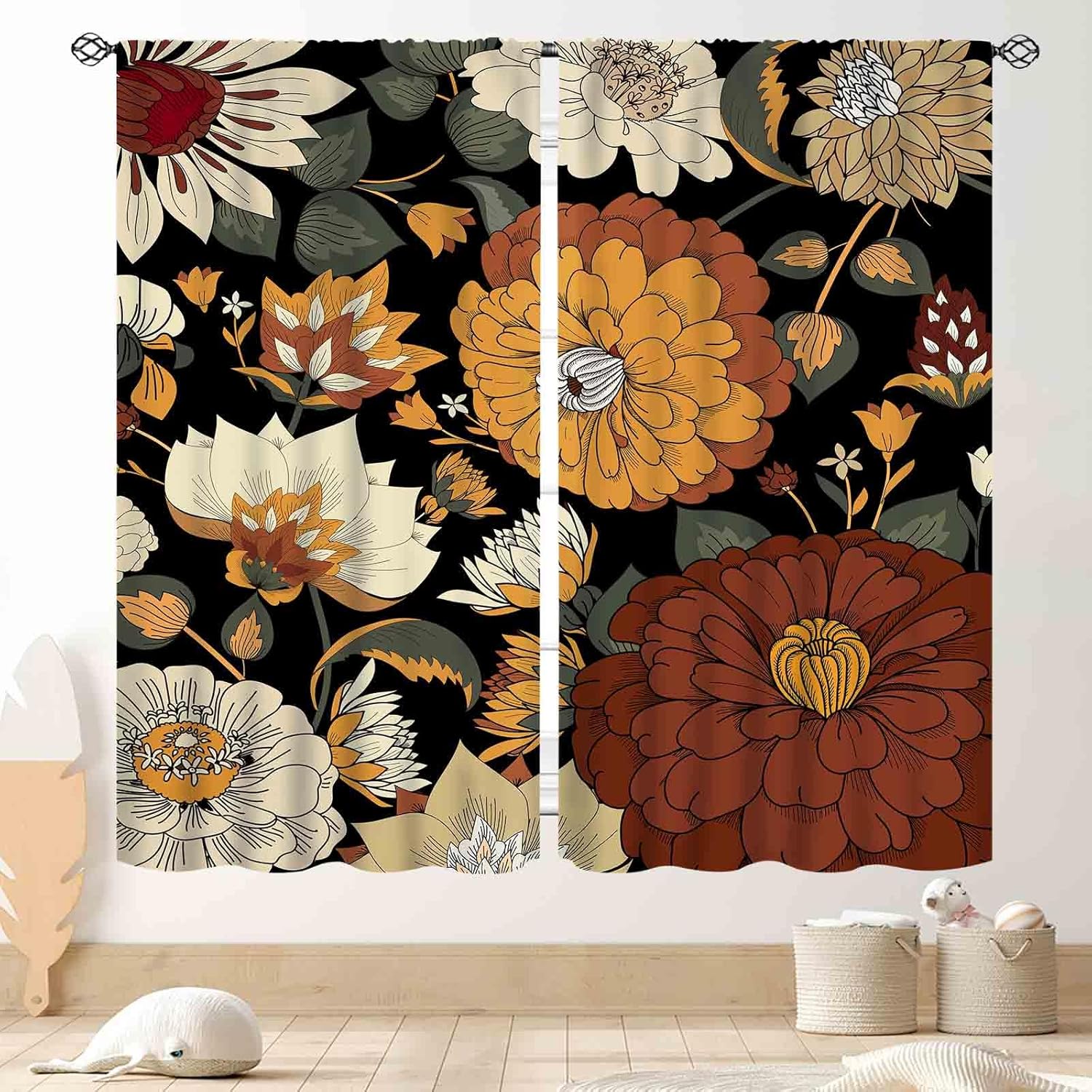Boho Floral Kitchen Curtains, Bohemian Black Flower Tropical Leaves ...