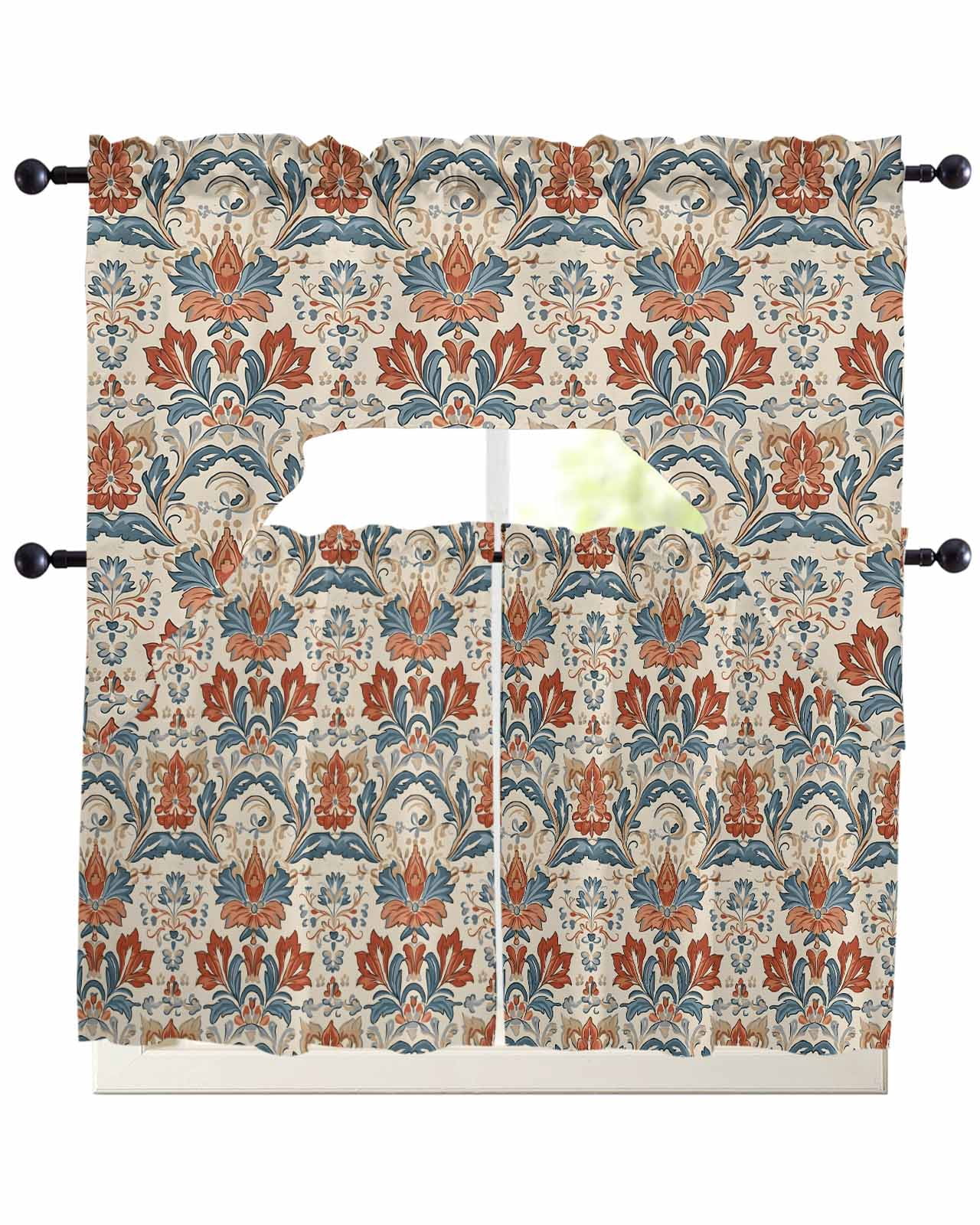 Boho Floral Kitchen Curtains Set for Windows 3 Piece Cafe Curtains 24 ...