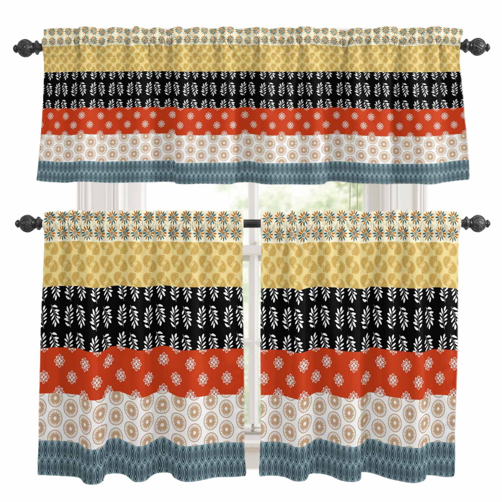 Boho Floral Kitchen Curtains Valances and Tiers Set of 3 Paisley Yellow ...