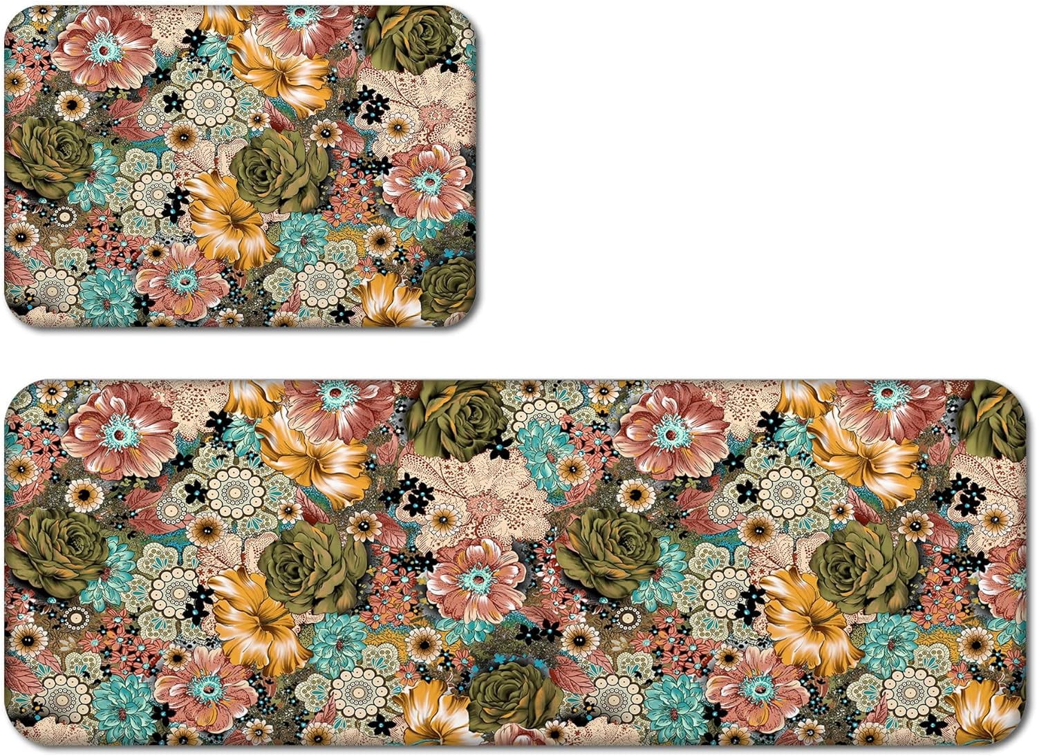 Boho Floral Kitchen Mat Set Bohemian Flowers Kitchen Rugs Set of 2 ...