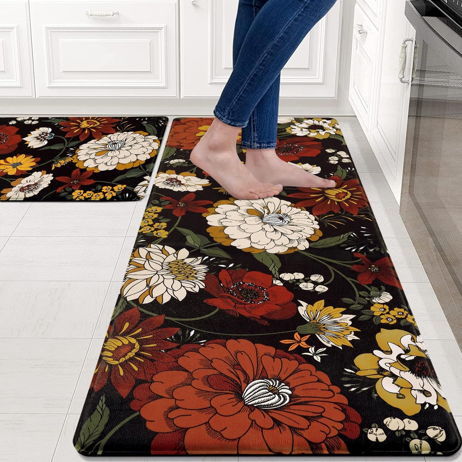 Boho Floral Kitchen Mats Cushioned Anti Fatigue, Bohemian Flower ...