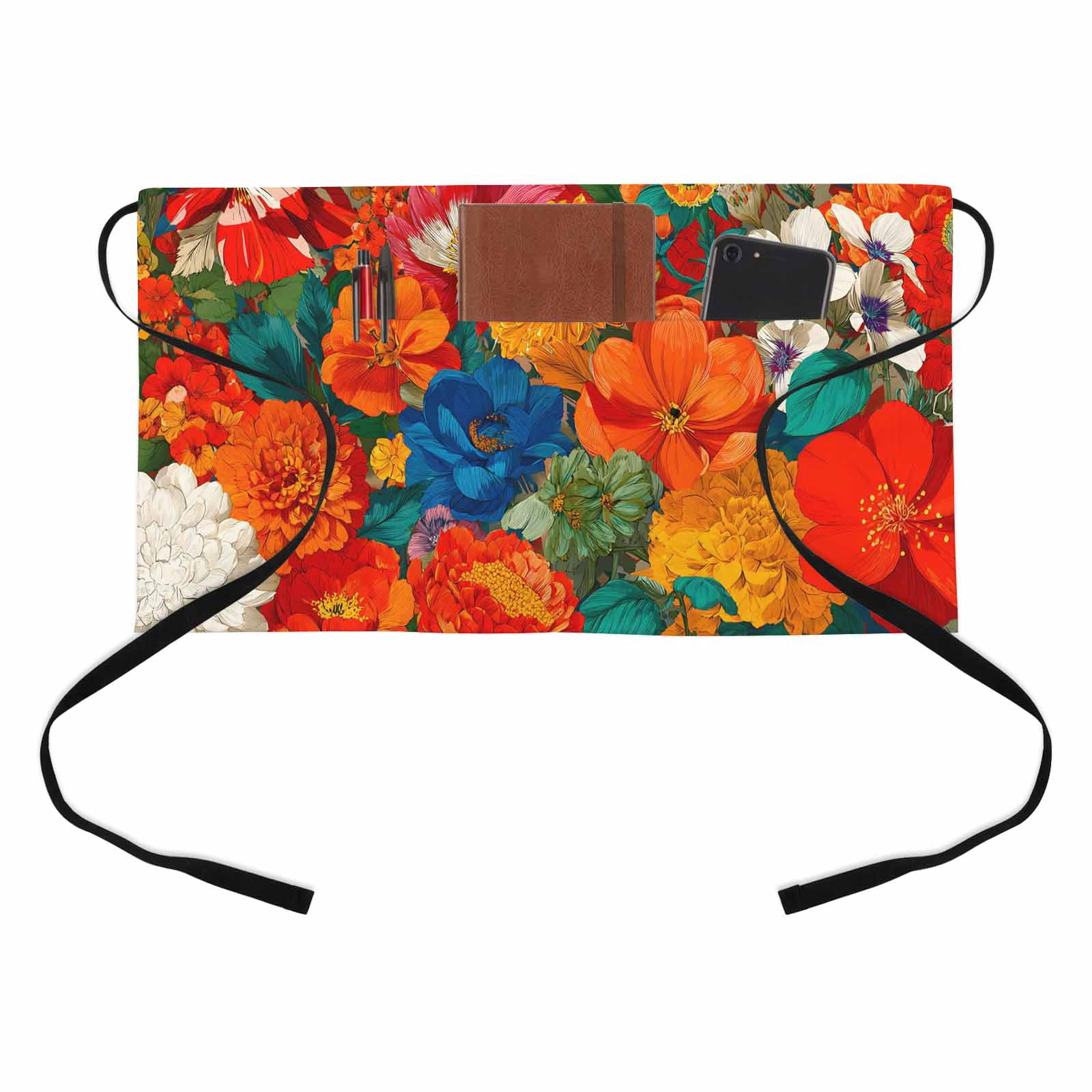 Boho Floral Kitchen Restaurant Half Waist Apron, Marigold Dahlia Orange ...