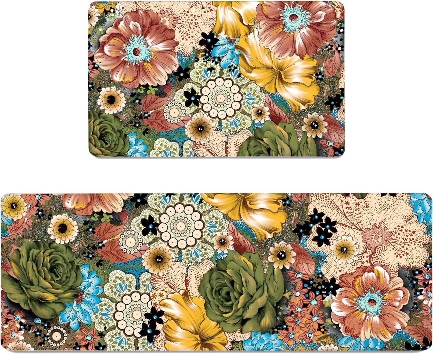 Boho Floral Kitchen Rug Set 2 Colourful Flowers Non-Slip Kitchen Floor ...