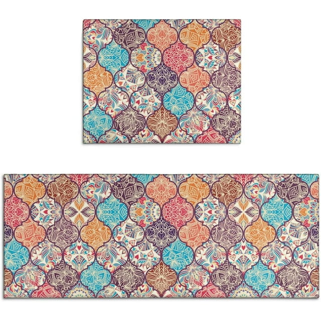 Boho Floral Kitchen Rugs Mat Set of 2, Long & Small Non-Slip Washable ...