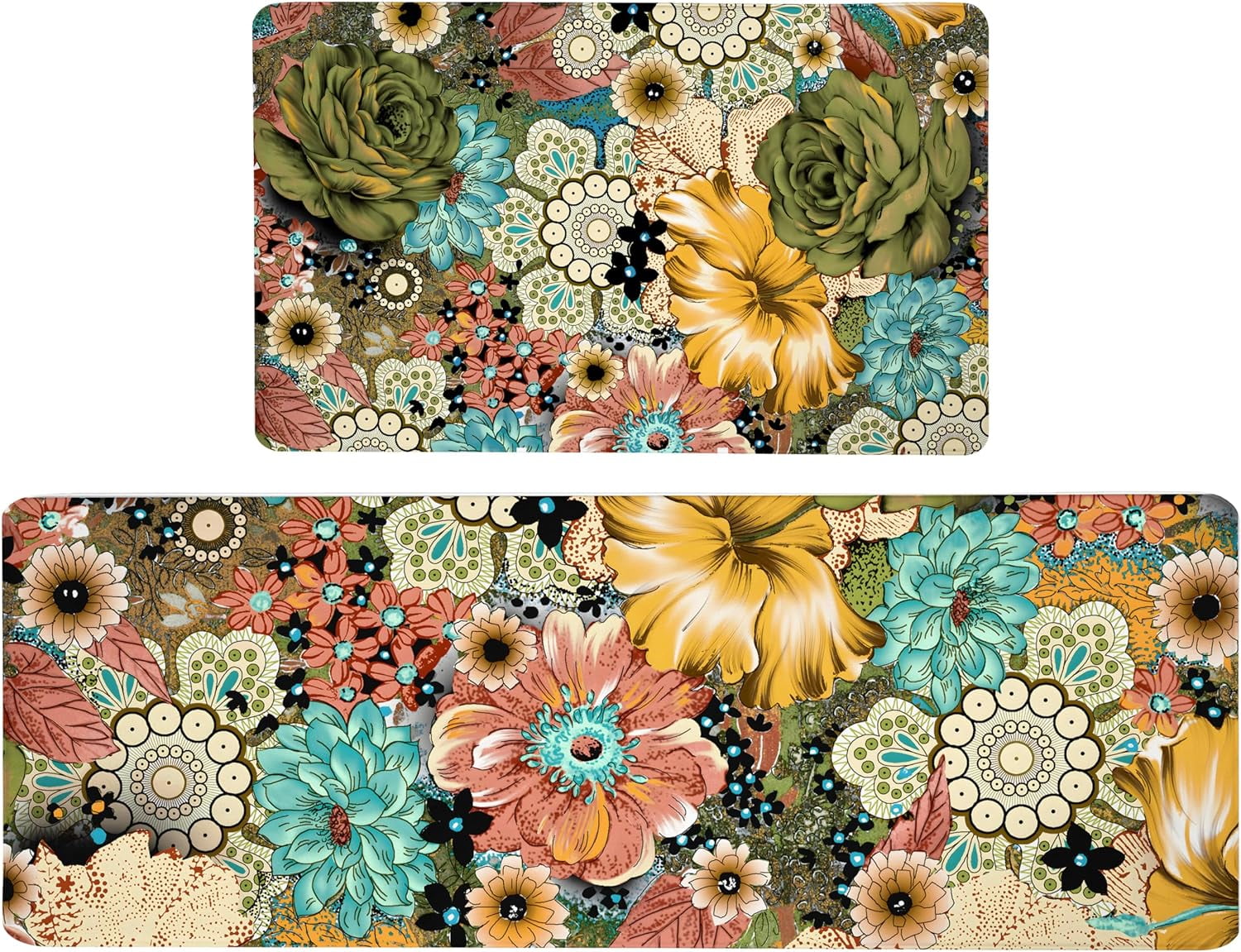 Boho Floral Kitchen Rugs Set of 2 Colorful Flower Anti Fatigue Non-Slip ...