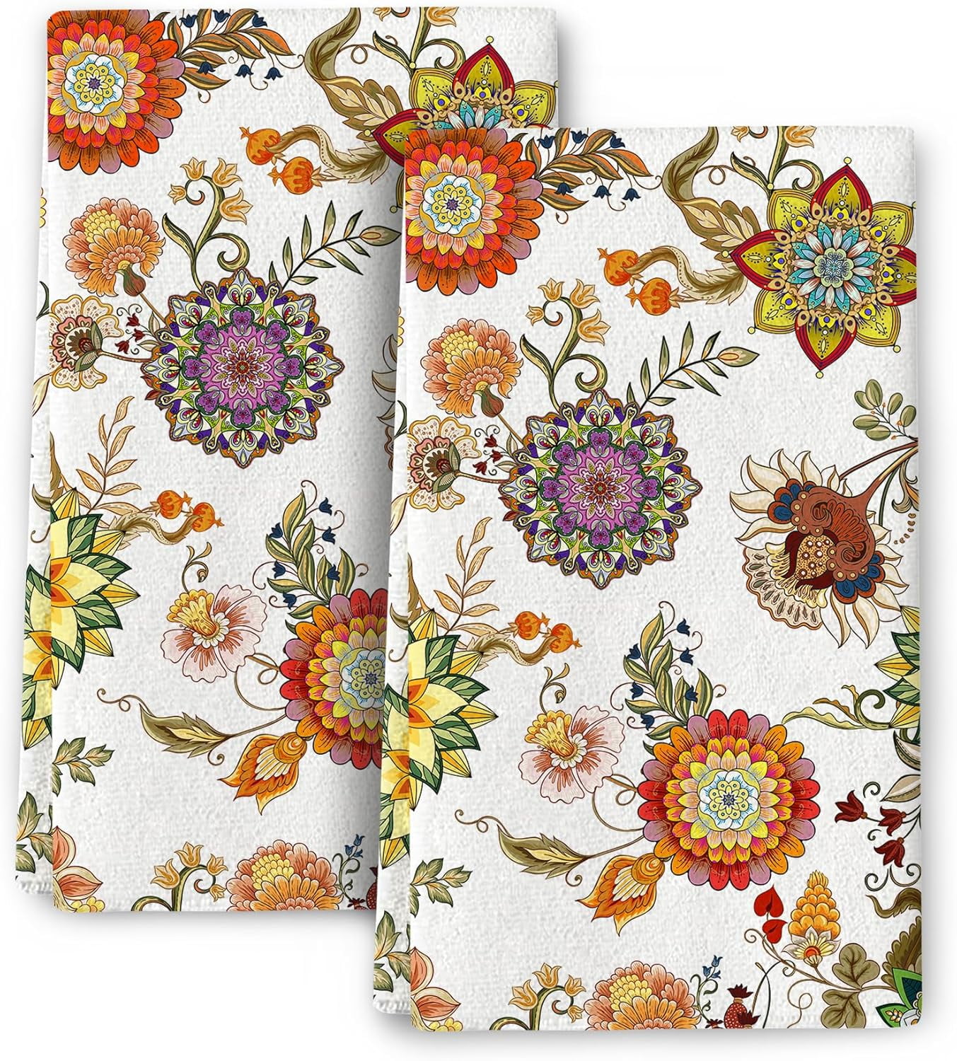 Boho Floral Kitchen Towels Decorative Set of 2, Soft Absorbent Bohemian ...