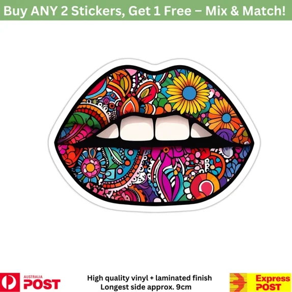 Boho Floral Lips Colorful Art Pop Style Sticker Phone Decal Water ...