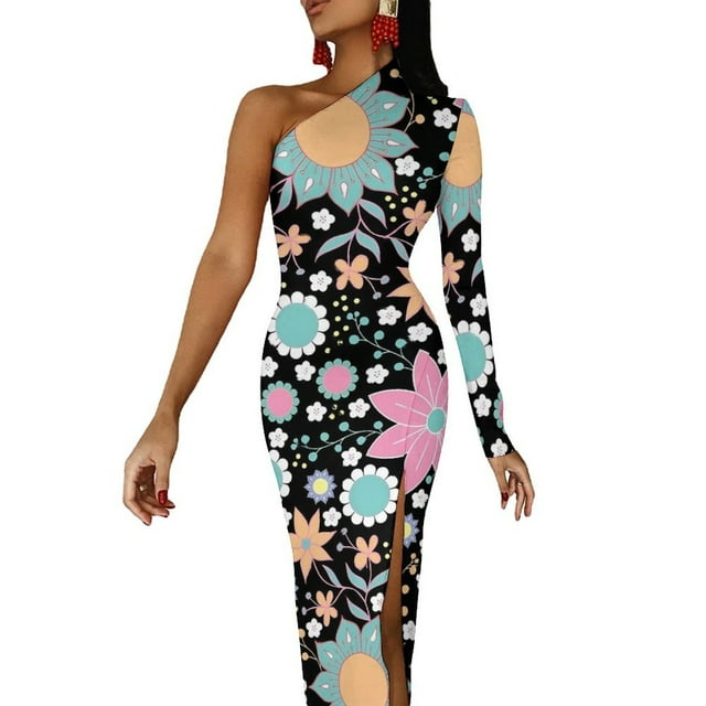 Boho Floral Long Dress Womens Watercolor Print Party Maxi Dress Autumn ...