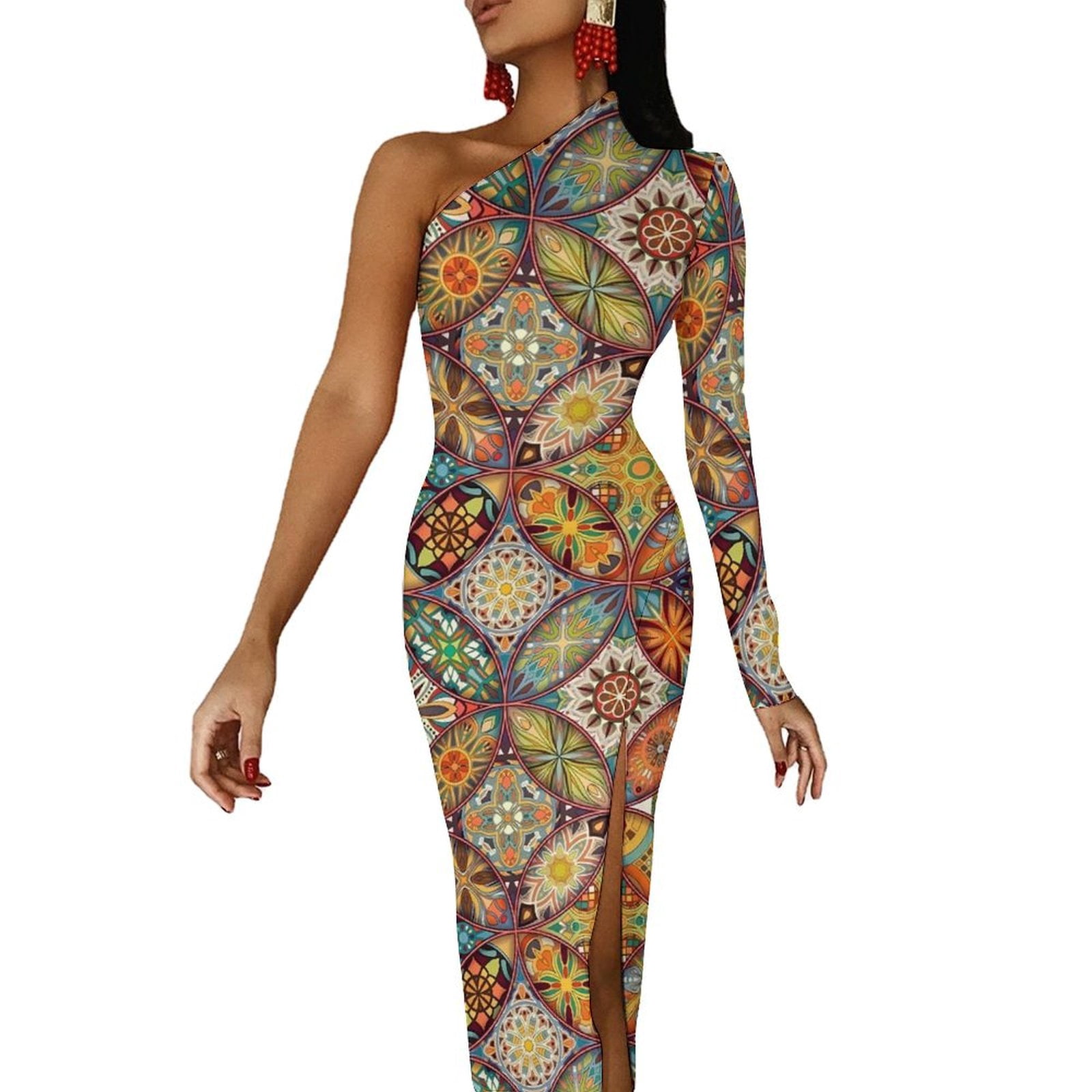 Boho Floral Long Dress Womens Watercolor Print Party Maxi Dress Autumn ...
