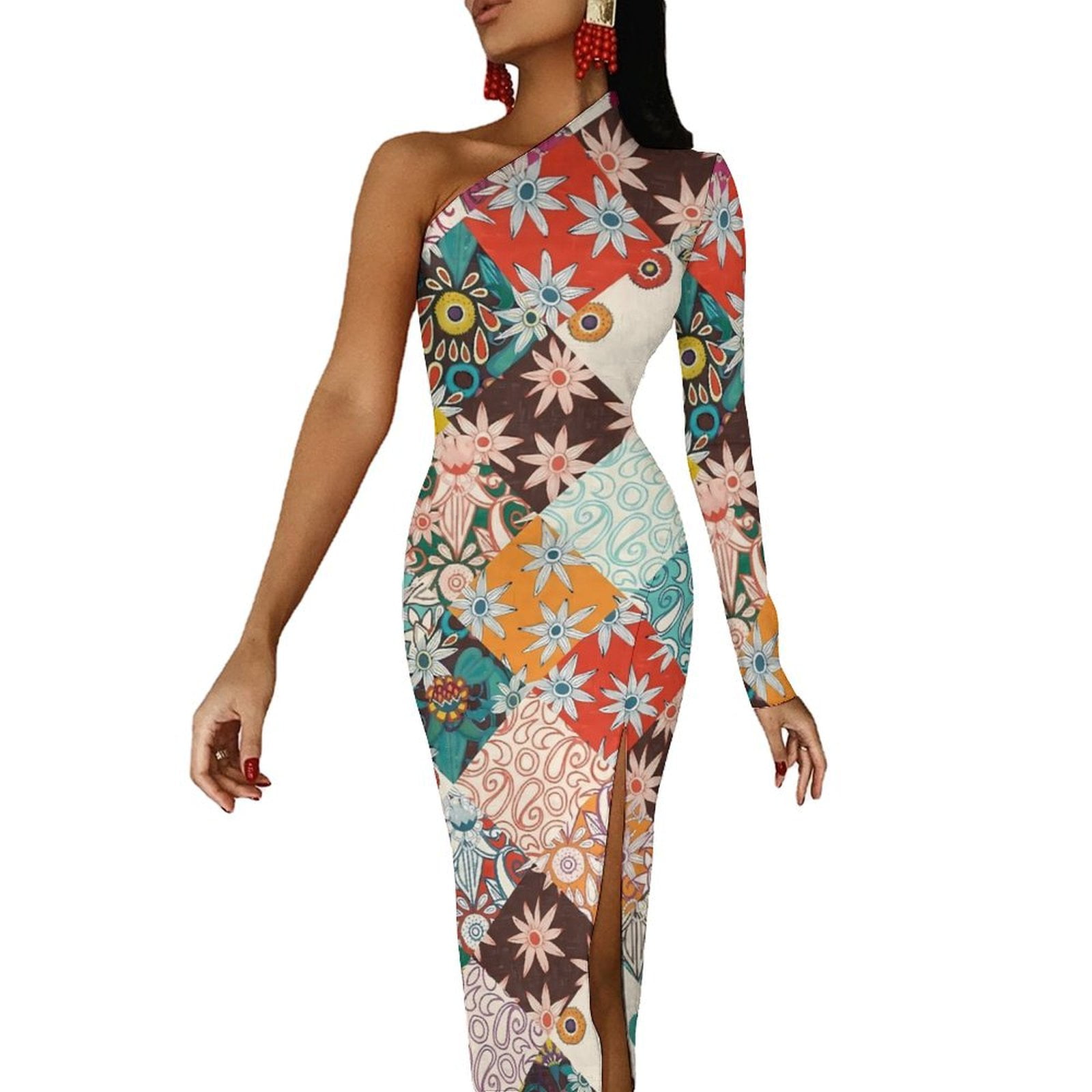 Boho Floral Long Dress Womens Watercolor Print Party Maxi Dress Autumn ...
