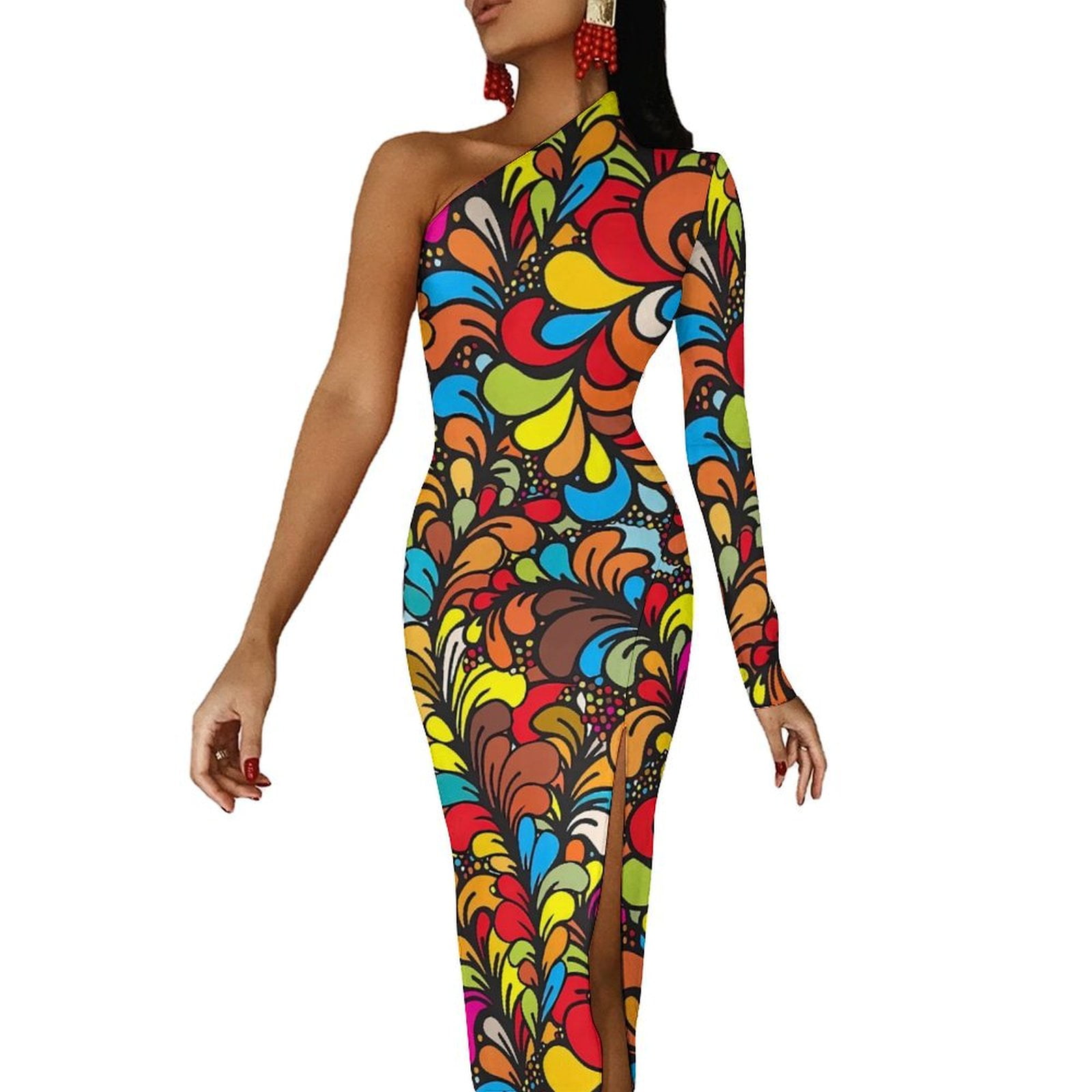 Boho Floral Long Dress Womens Watercolor Print Party Maxi Dress Autumn ...