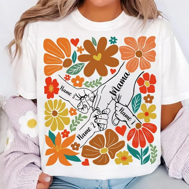 Boho Floral Mama T-Shirt, Preppy Retro Mom Shirt With Kids' Names ...