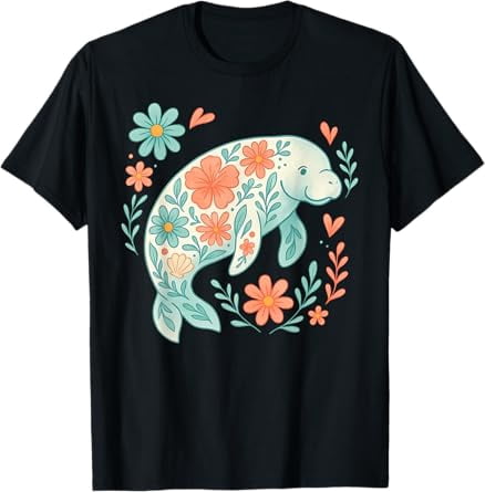 Boho Floral Manatee Ocean Summer Beach Lover Sea Animal T-Shirt ...