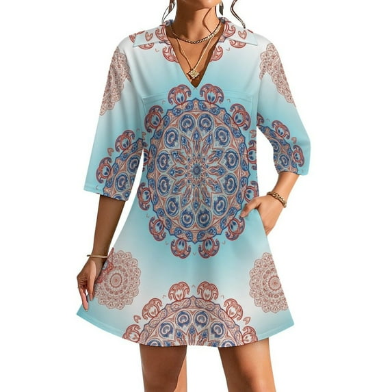 Boho Floral Mandala Print Womens Dress With Pockets Summer V Neck 3/4 ...